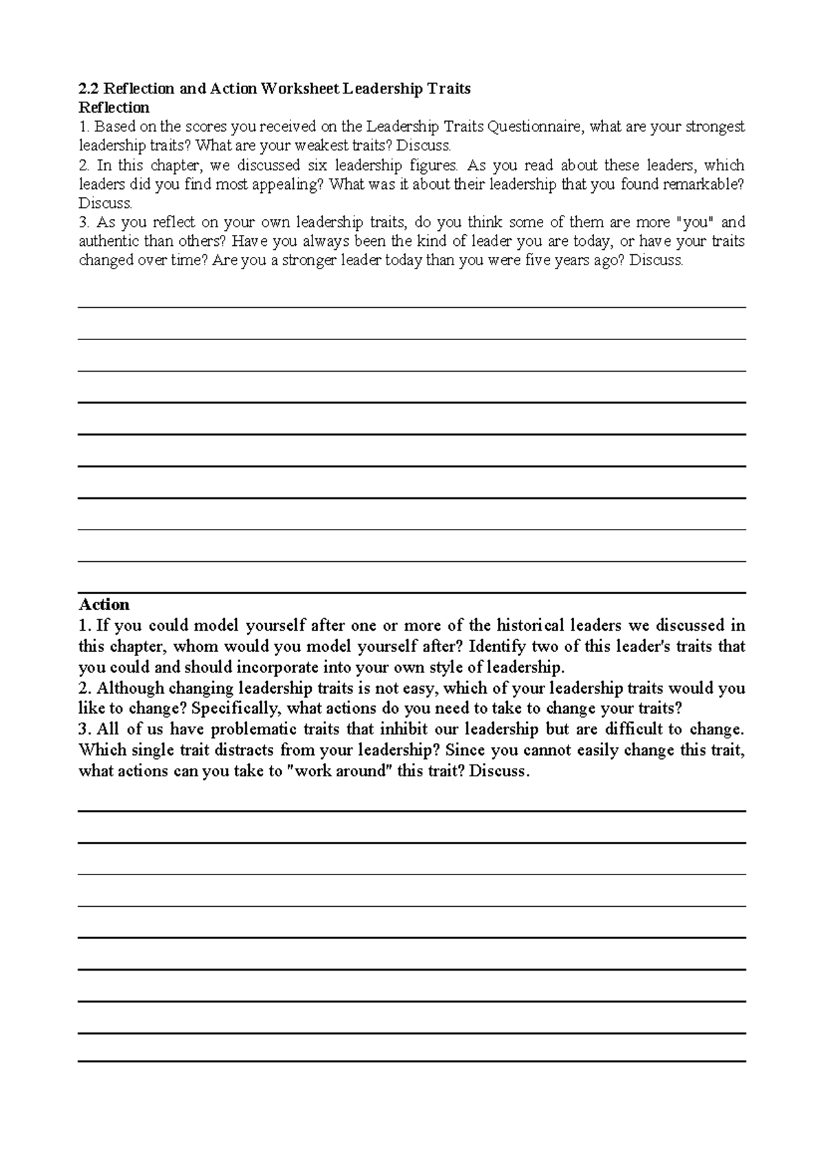 2.2 Leadership Traits Reflection & Action Worksheet - Studocu