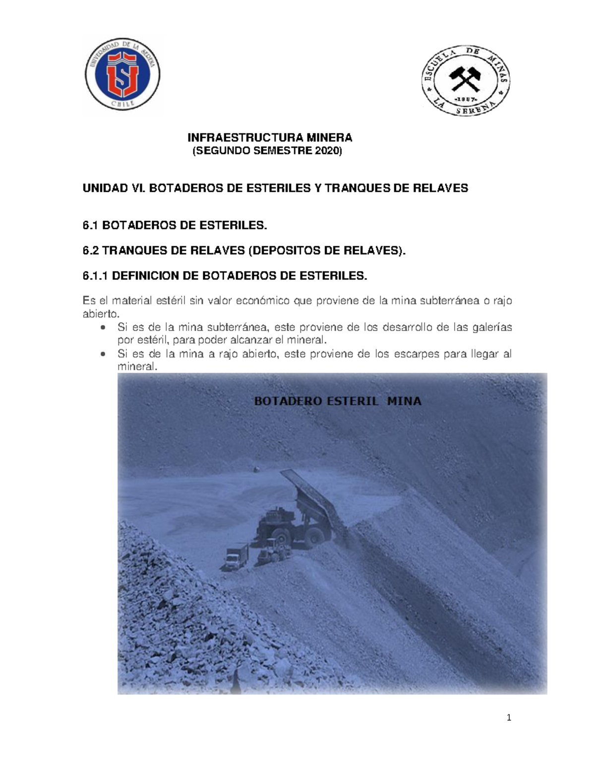INFRAESTRUCTURA MINERA (SEGUNDO SEMESTRE 2020) UNIDAD VI: BOTADEROS Y ...