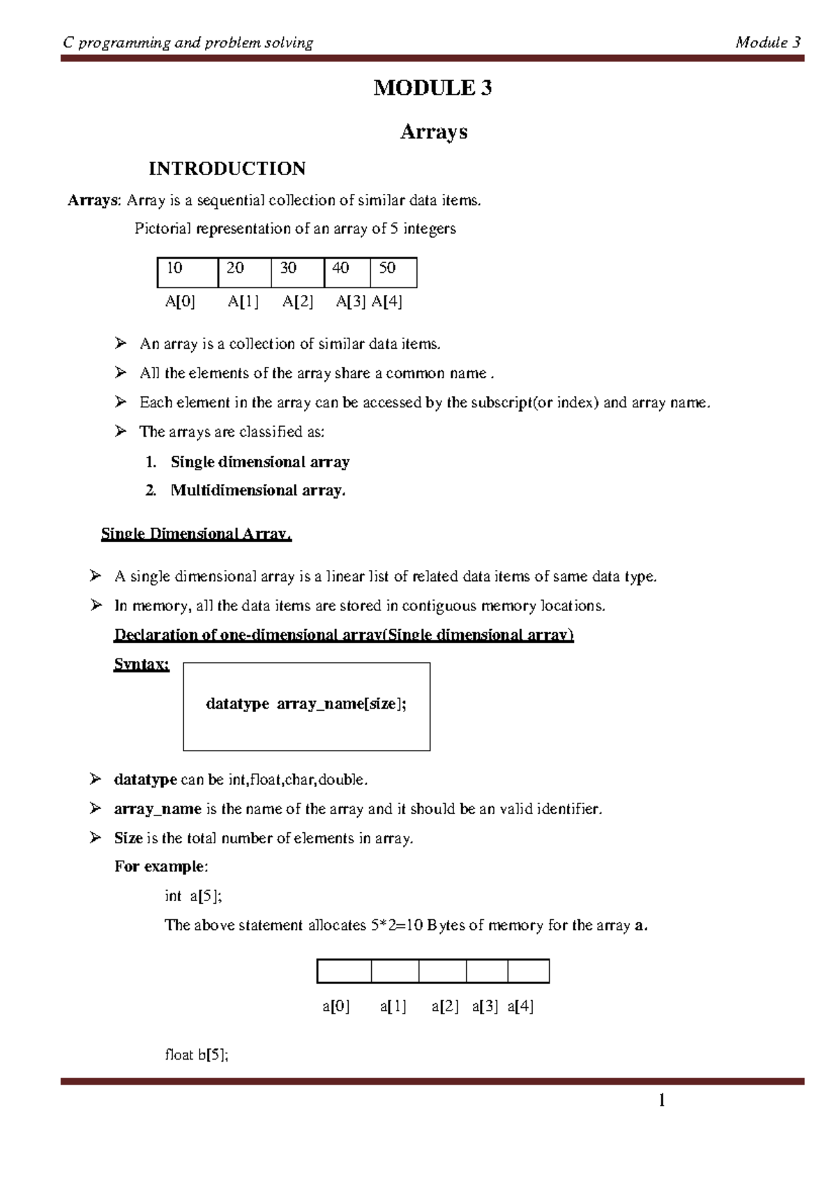 C Programming and Problem Solving: Module 3 - Arrays Overview - Studocu