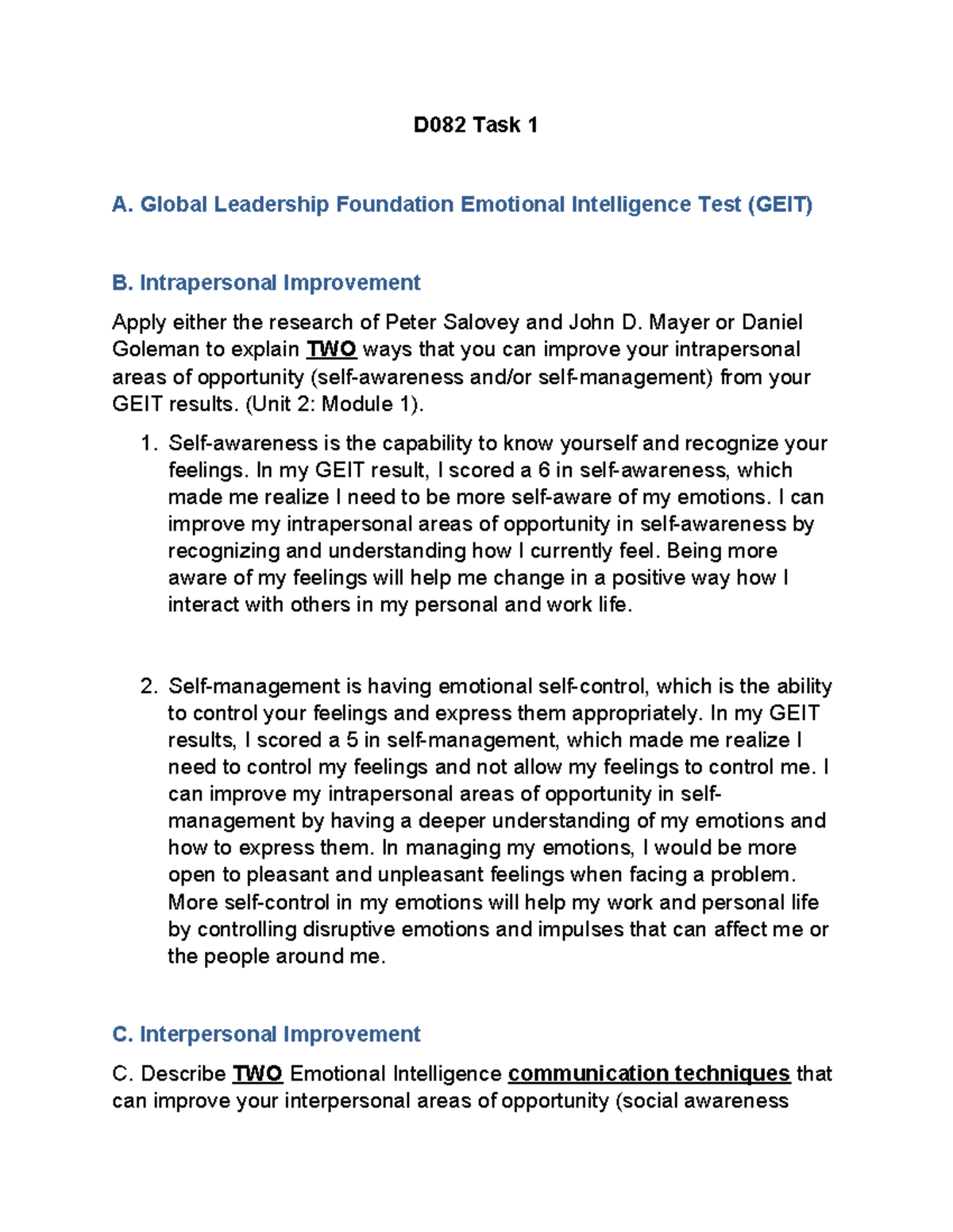 D082 Task 1 - D082 Task 1 - D082 Task 1 A. Global Leadership Foundation ...