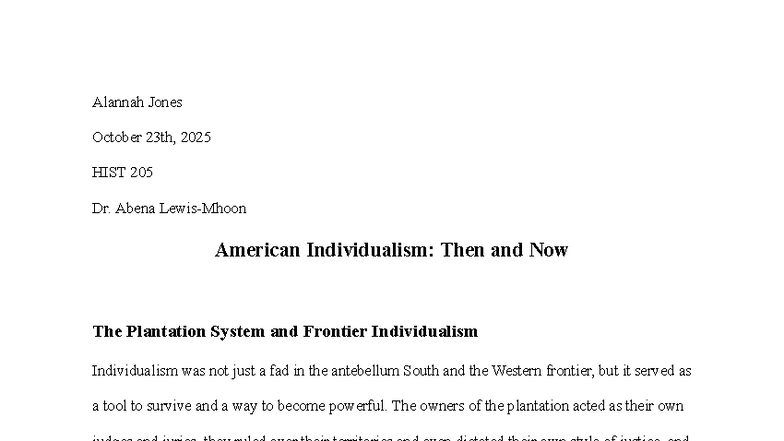 HIST 205 Essay: American Individualism from Past to Present - Studocu