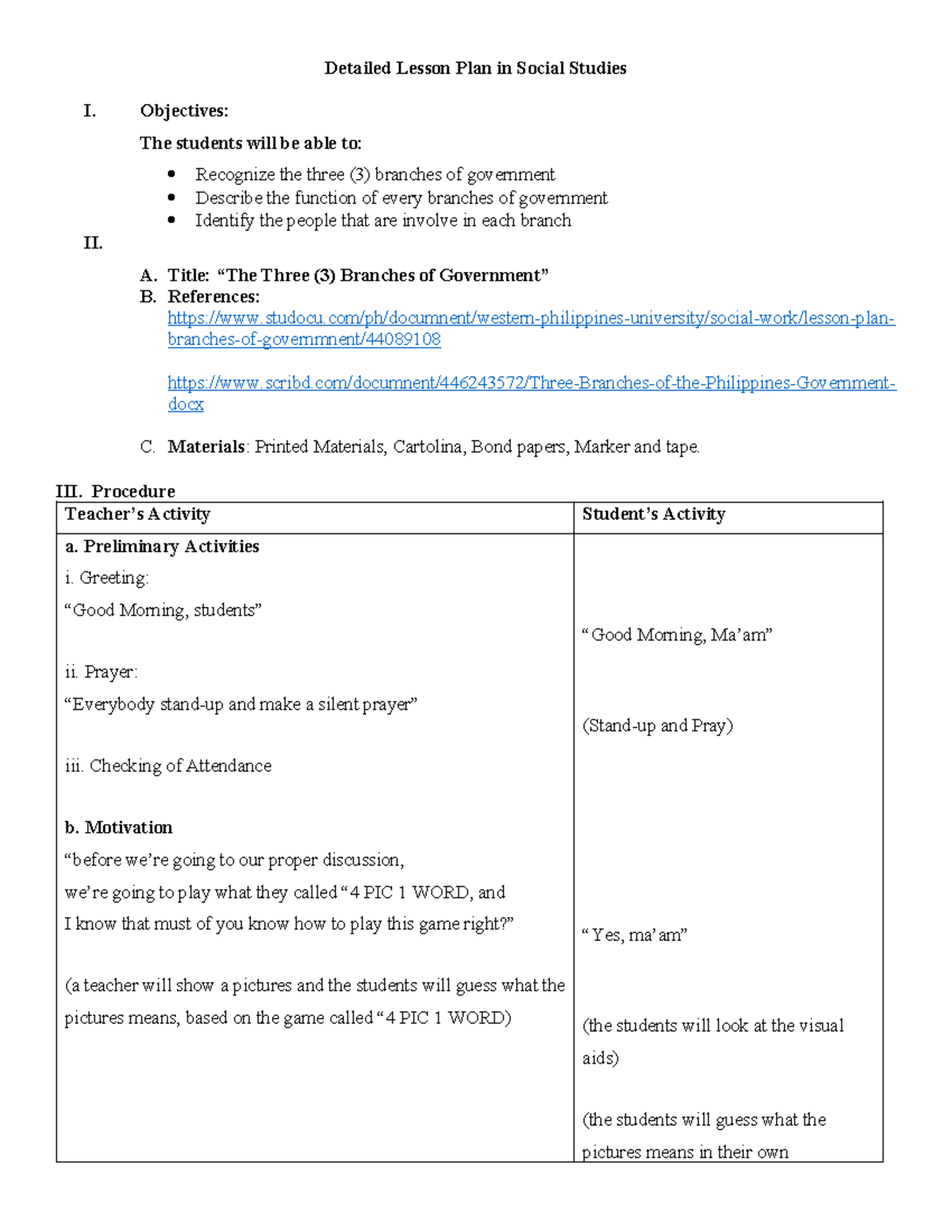 Lesson Plan: Understanding the Three Branches of Government - Studocu