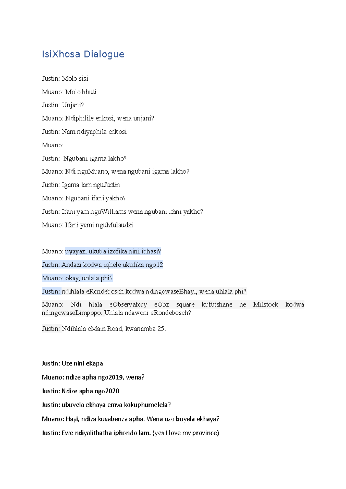 IsiXhosa Dialogue: Everyday Conversations and Cultural Insights - Studocu