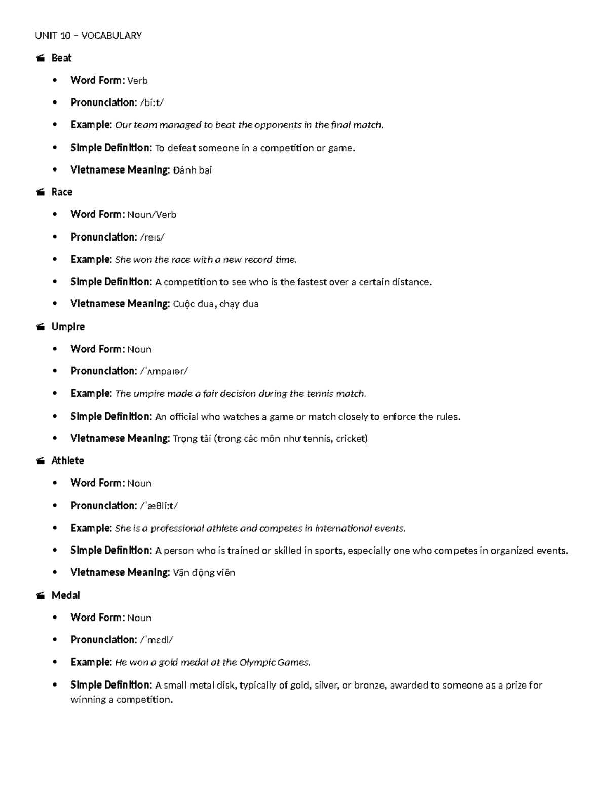 UNIT 10 VOCABULARY: Key Terms and Definitions for Sports and Fitness ...