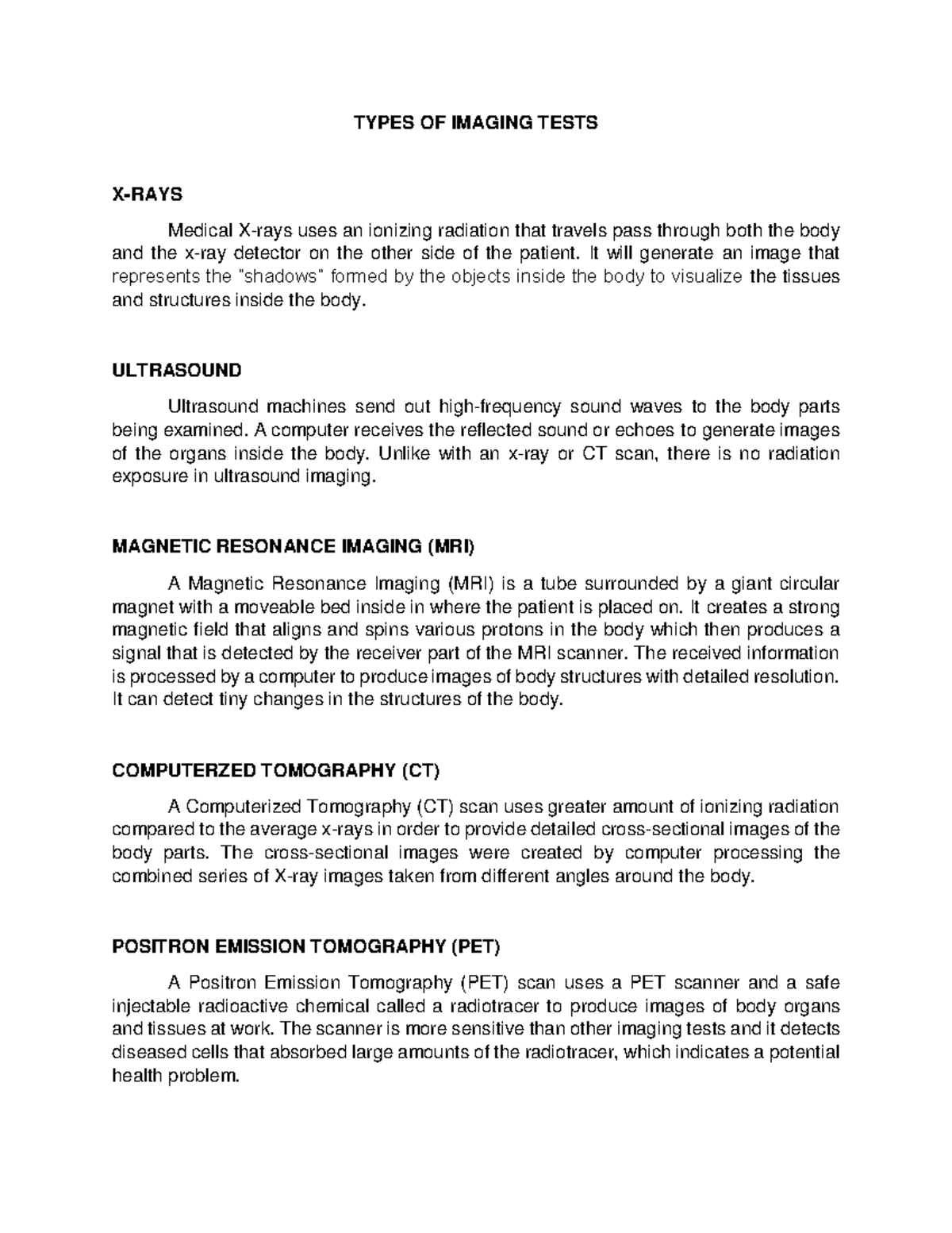 Imaging-Tests - Types of Imaging Tests - TYPES OF IMAGING TESTS X-RAYS ...
