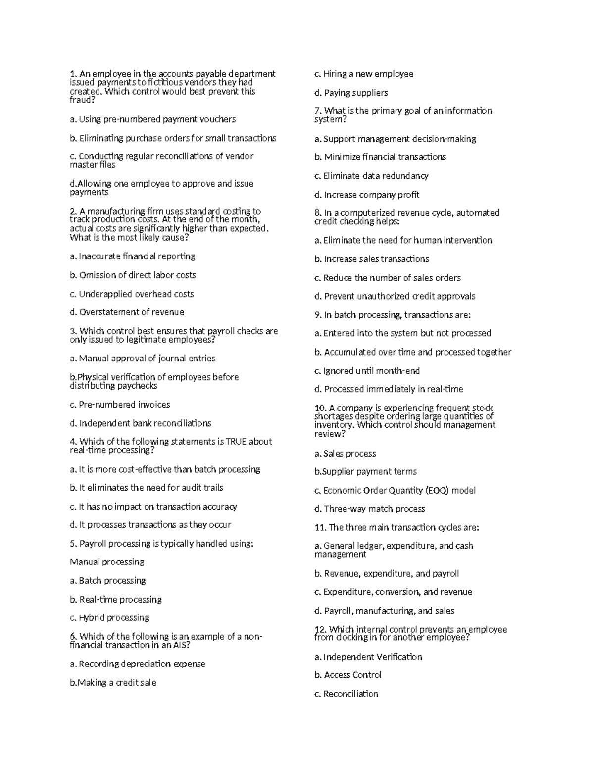 AIS Midterm Exam - Key Concepts and Controls - Studocu