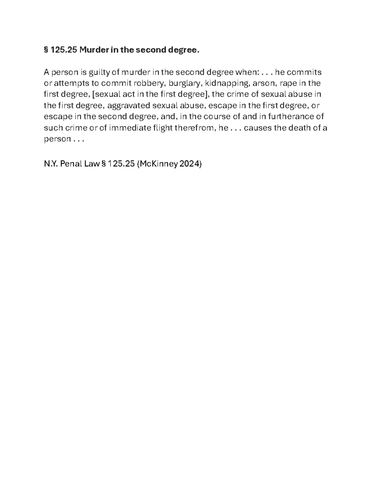 New York Felony Murder Statute (excerpt) pdf - § 125 Murder in the ...