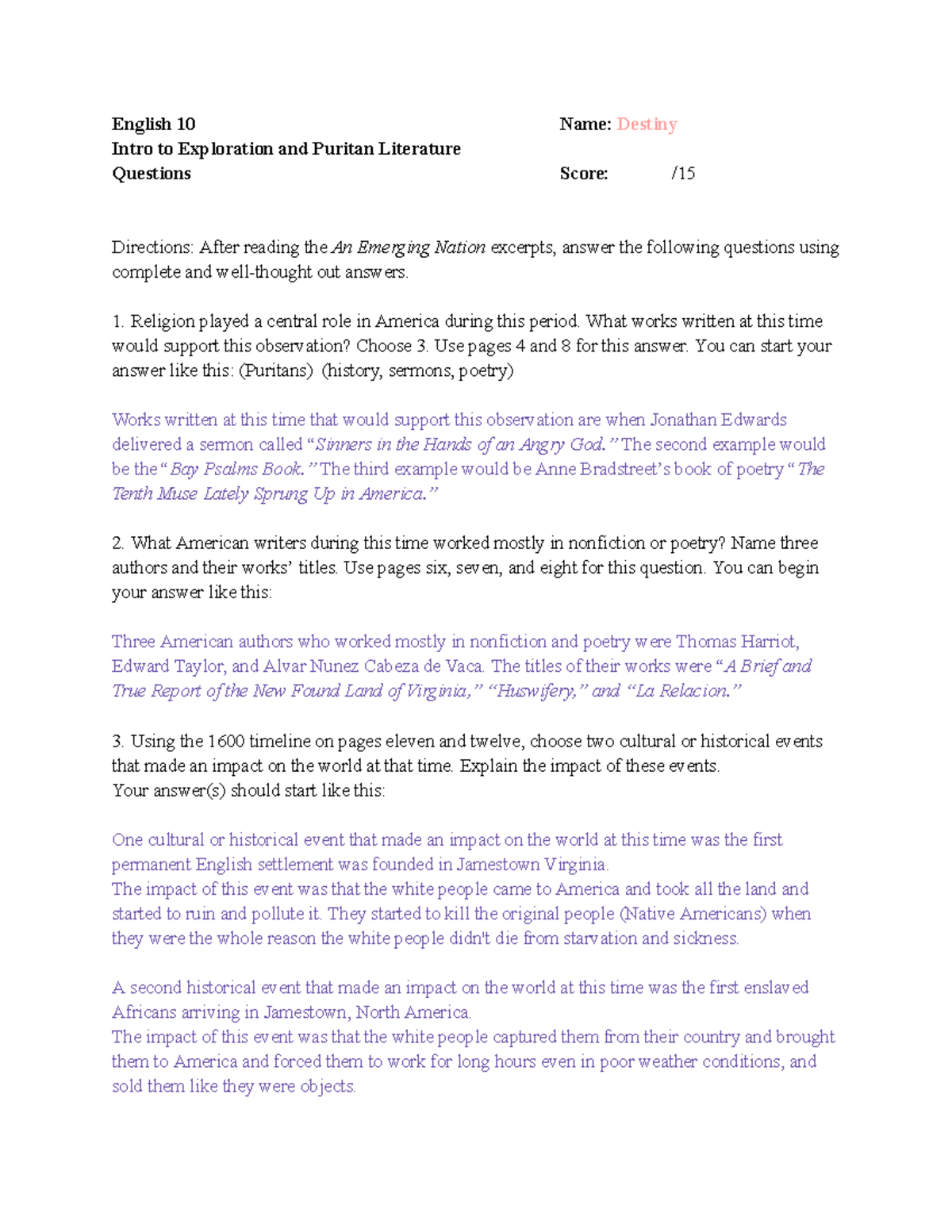 Intro to Exploration and Puritan Literature Questions - English 10 ...