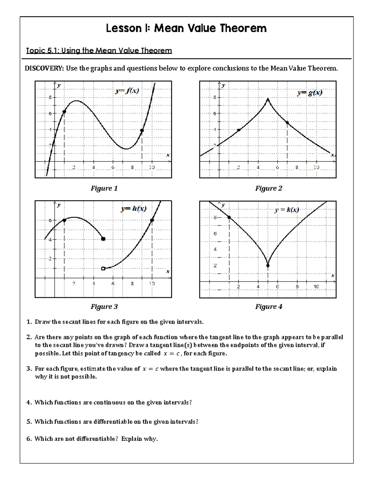 Lesson 1: Mean Value Theorem (MATH 5.1) - Exploration & Applications ...