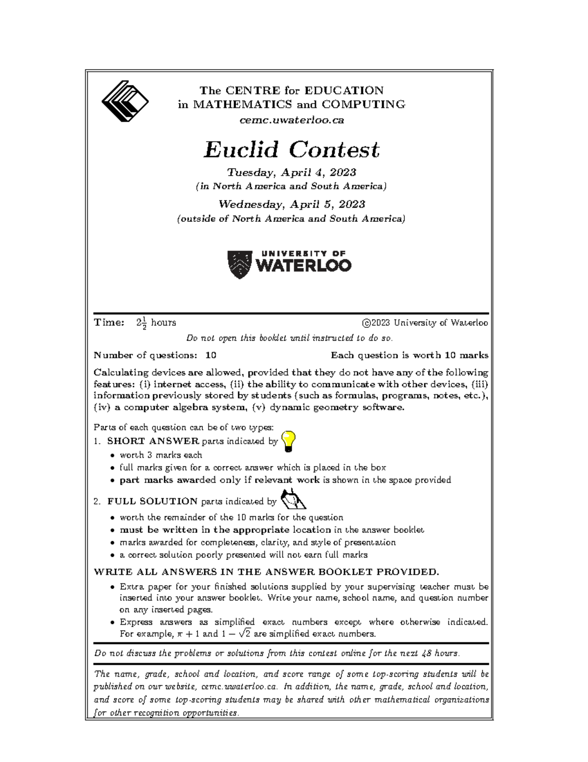 2023 Euclid contest guidelines and problem set overview - Studocu