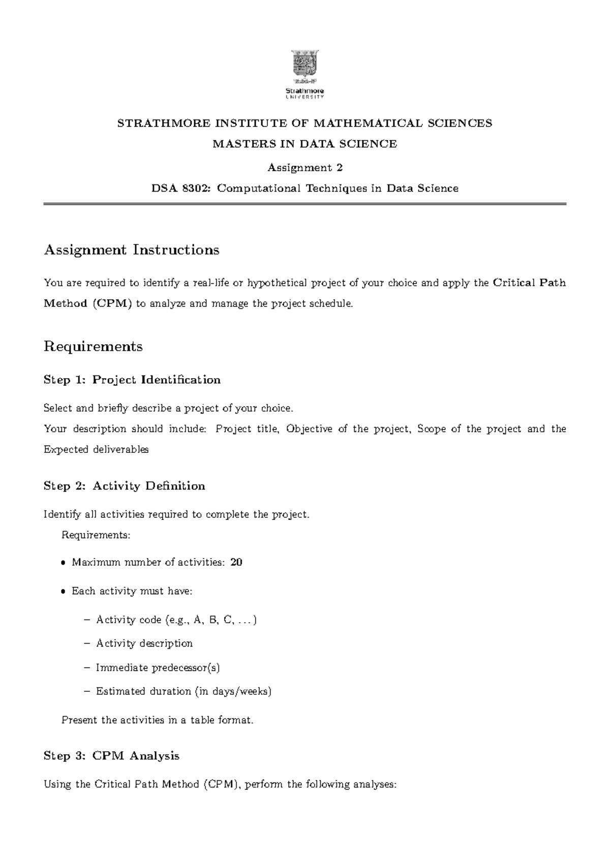 DSA 8302: CPM Analysis for Project Management in Data Science - Studocu