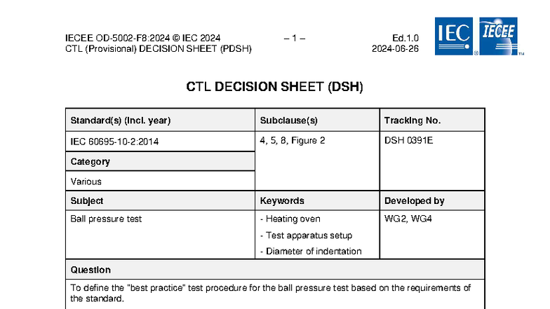 IECEE IEC 2024 CTL DSH 0391E Ball Pressure Test Procedure - Studocu