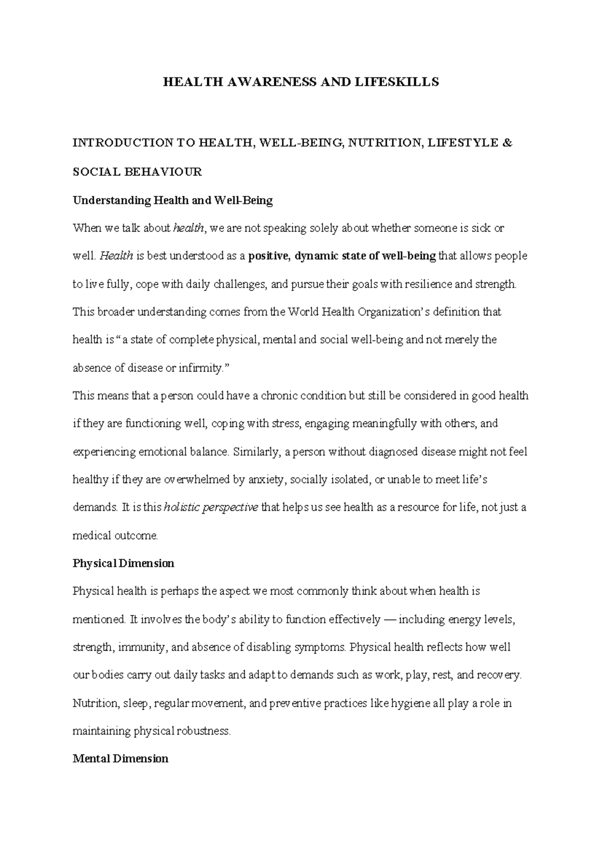 HEALTH 101: Introduction to Health Awareness & Lifeskills - Studocu