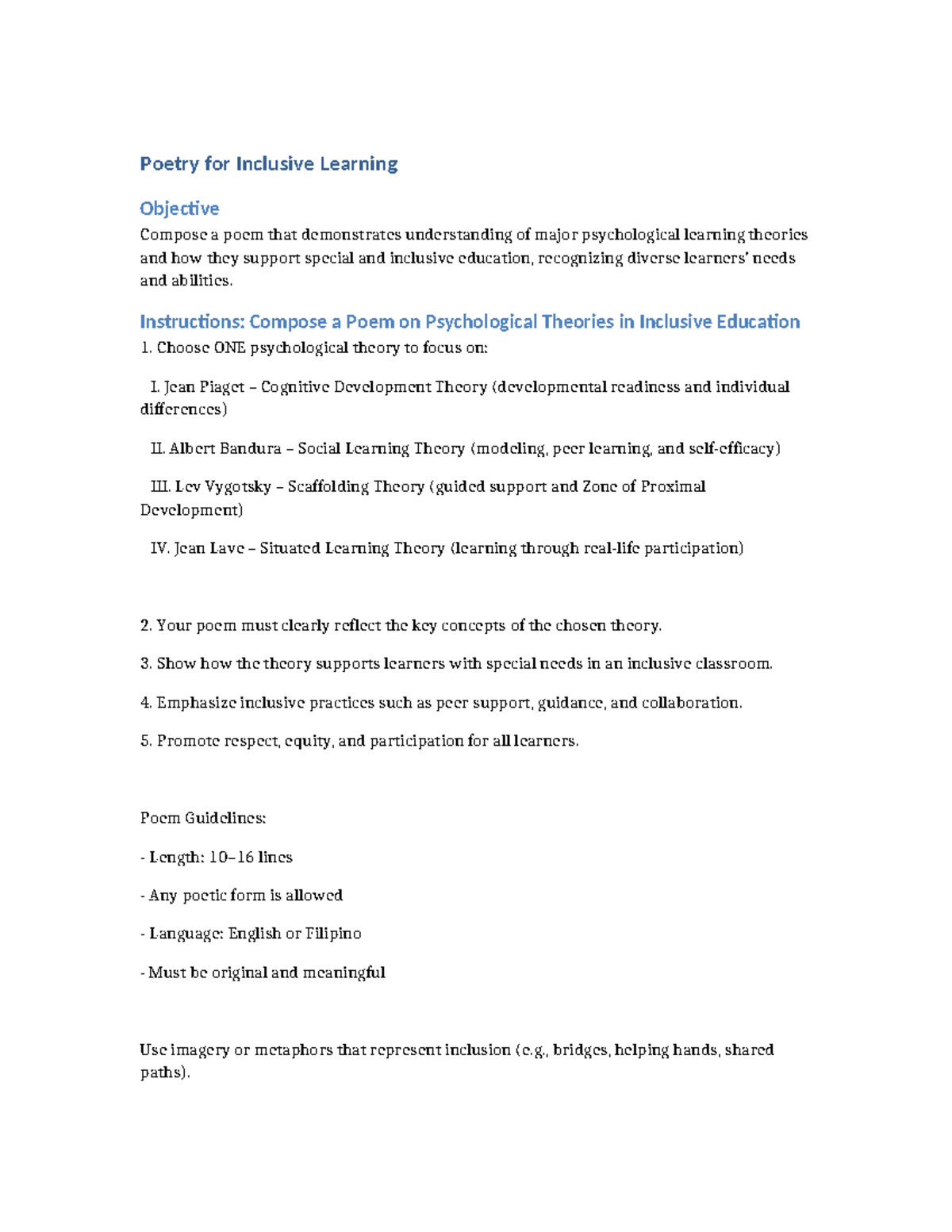 Psychological Theories in Inclusive Education Poetry Assignment - Studocu