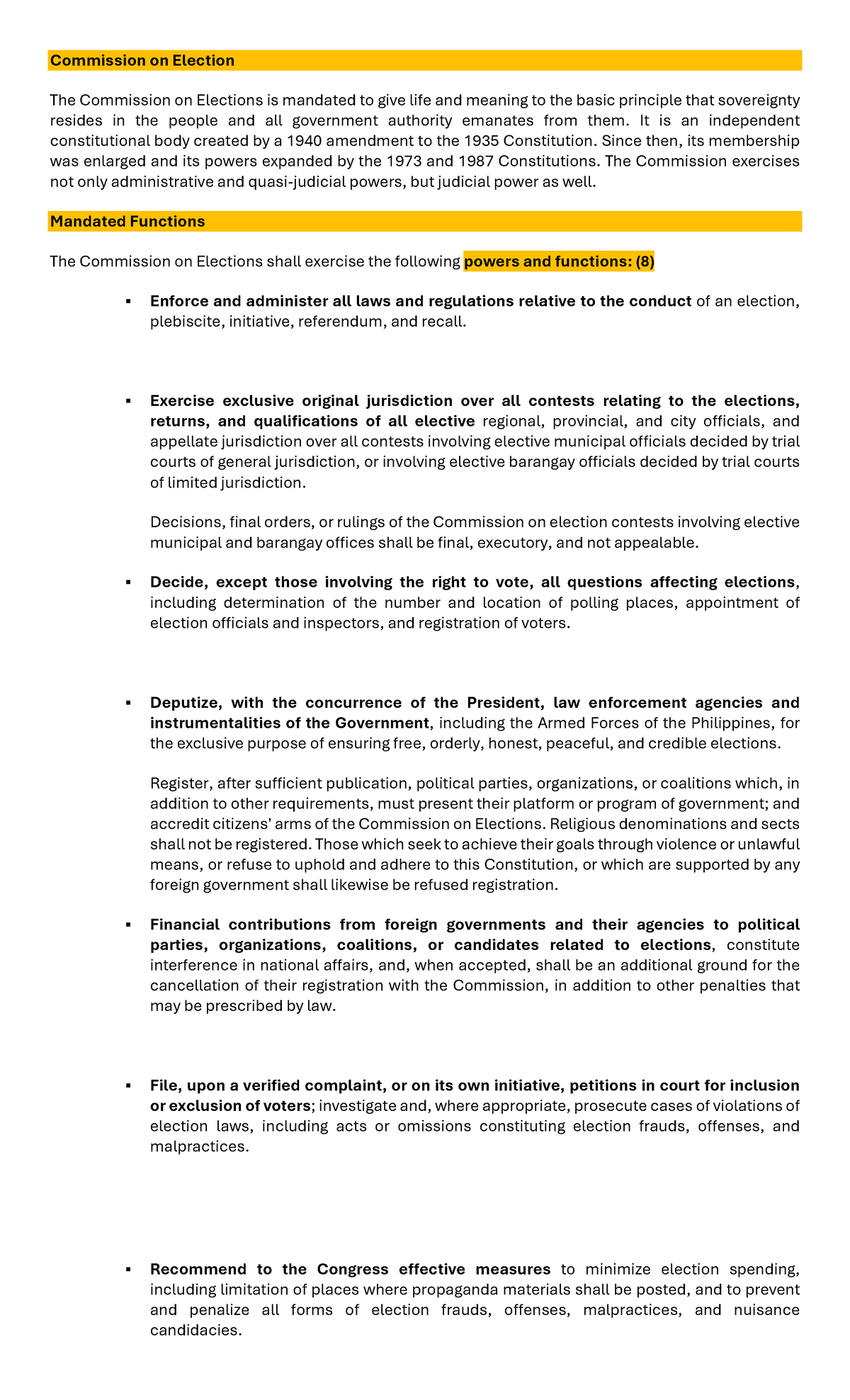 Powers & Functions of the Commission on Elections (Comelec) - Studocu