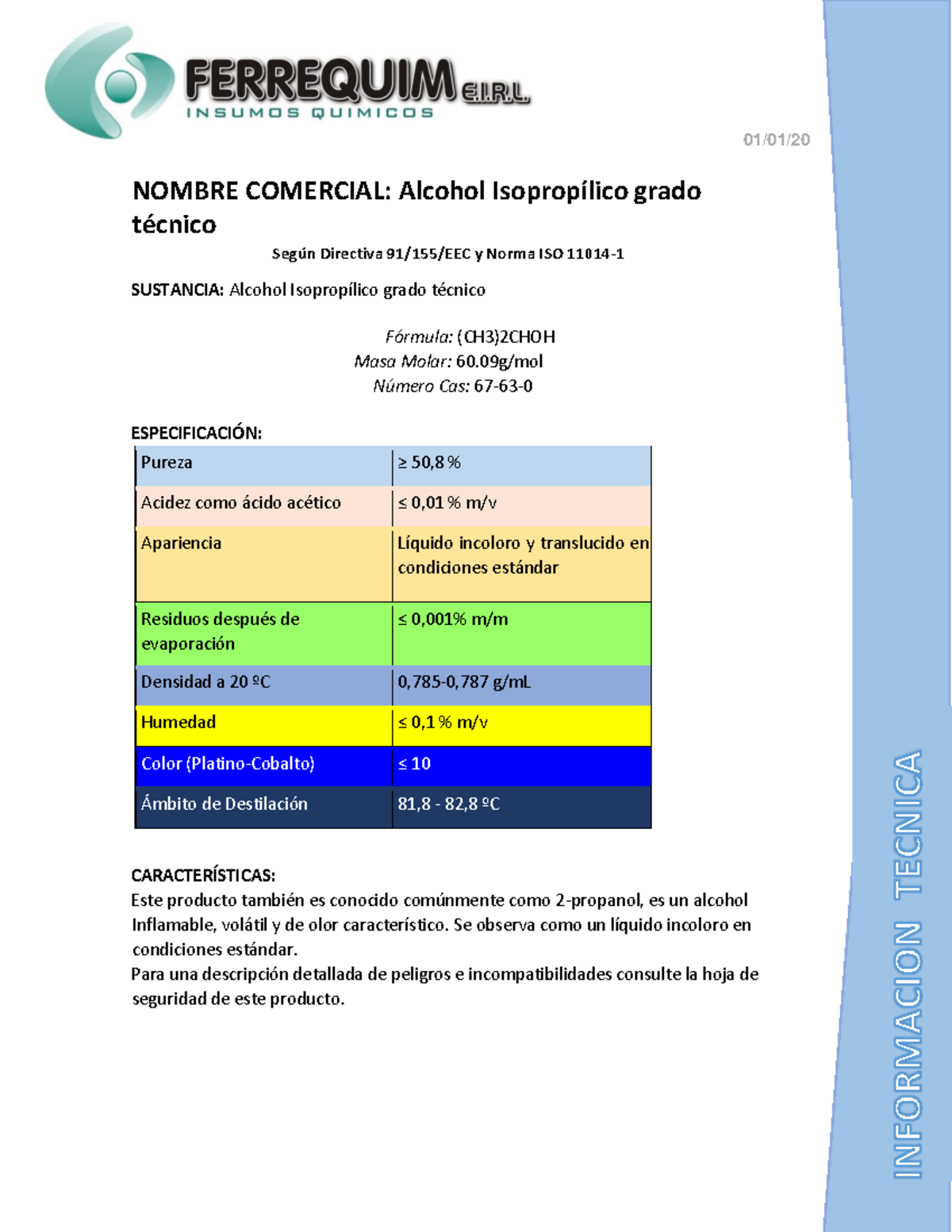 Ficha Tecnica DE alcohol isop. ferrequim Electronica 50% - 01/01/ 20 ...