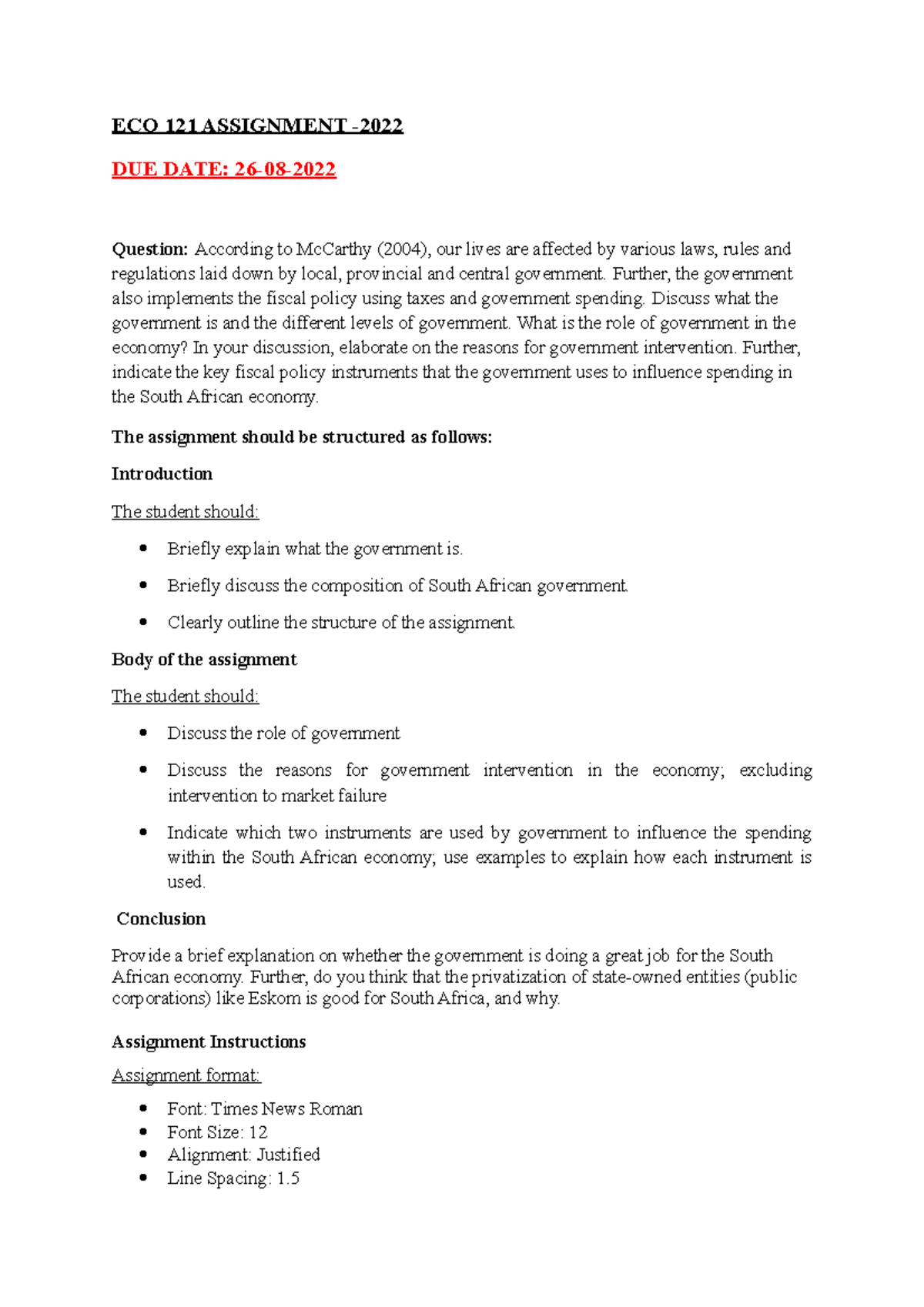 ECO121 Assignment 2022: Role of Government in the South African Economy ...