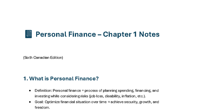 Personal Finance 101: Chapter 1 Notes (Sixth Canadian Edition) - Studocu