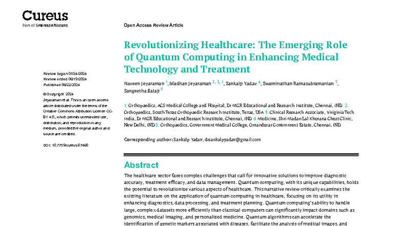 Cureus 16(8): Revolutionizing Healthcare: Quantum Computing's Impact on ...
