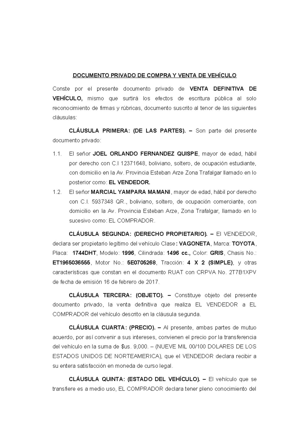 Contrato Privado de Compra y Venta de Vehículo - Studocu