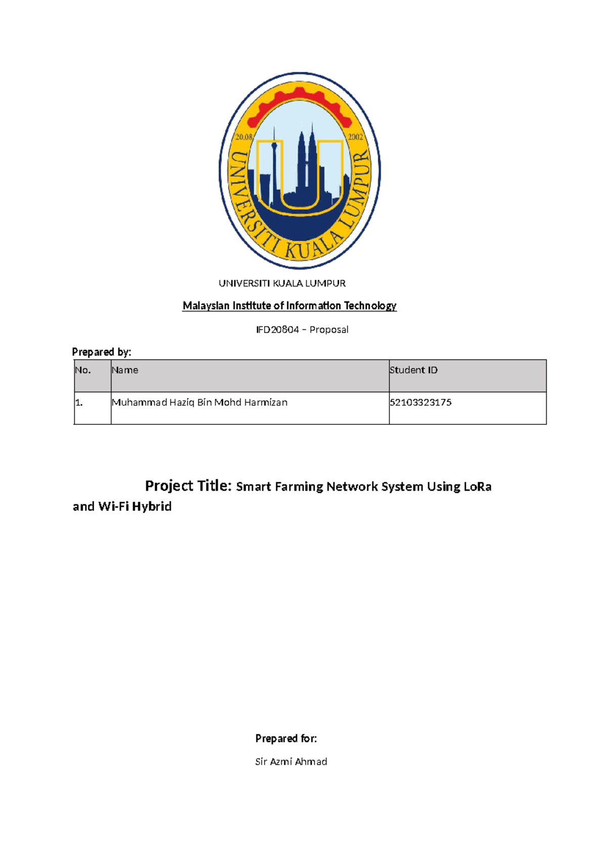 Proposal for Smart Farming Network System Using LoRa & Wi-Fi (IFD20804 ...