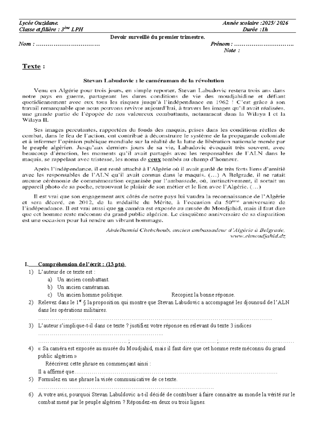 Devoir Surveillé 1er Trimestre - 3ème LPH - Lycée Ouzidane - Studocu