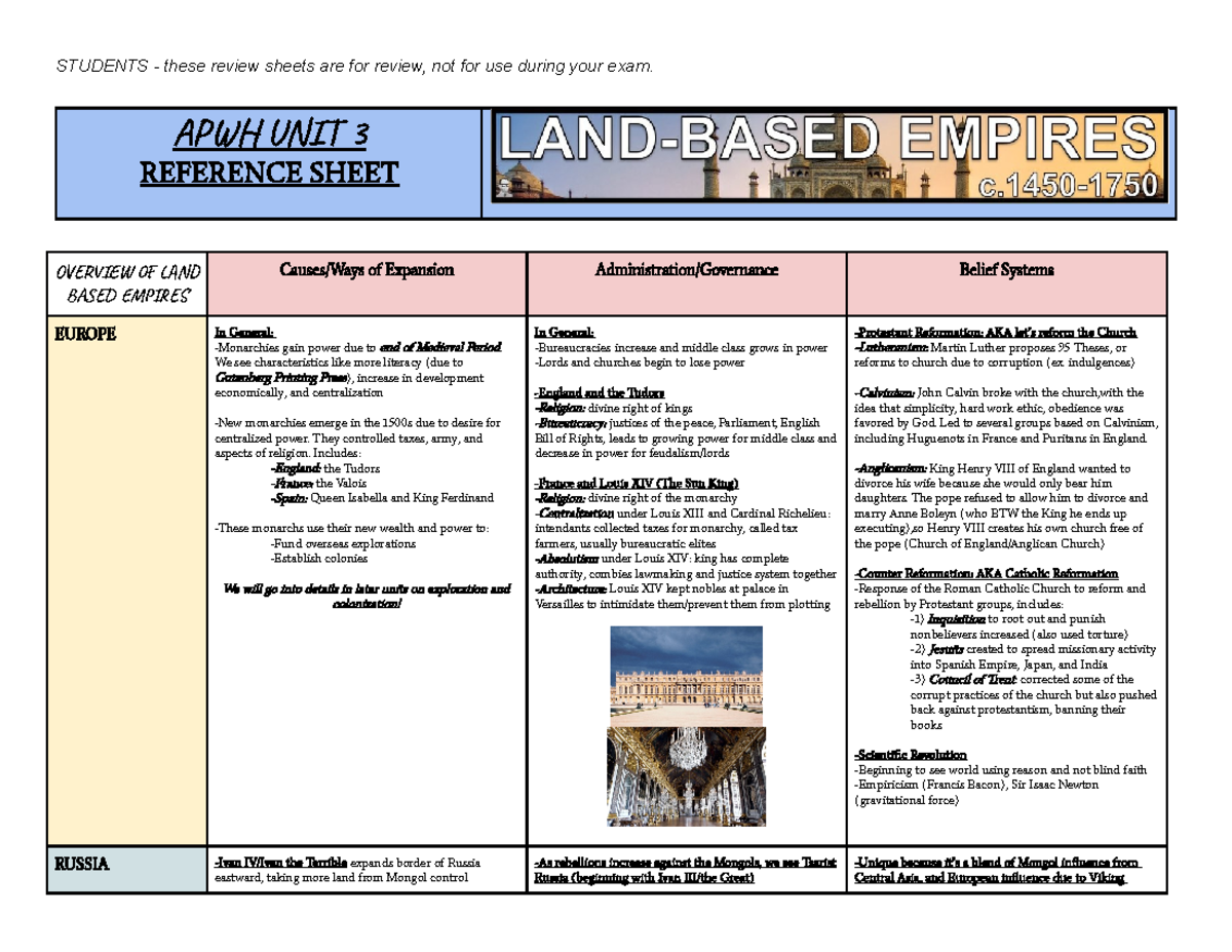APWH UNIT 3 Reference Cheat Sheet: Overview of Land-Based Empires - Studocu