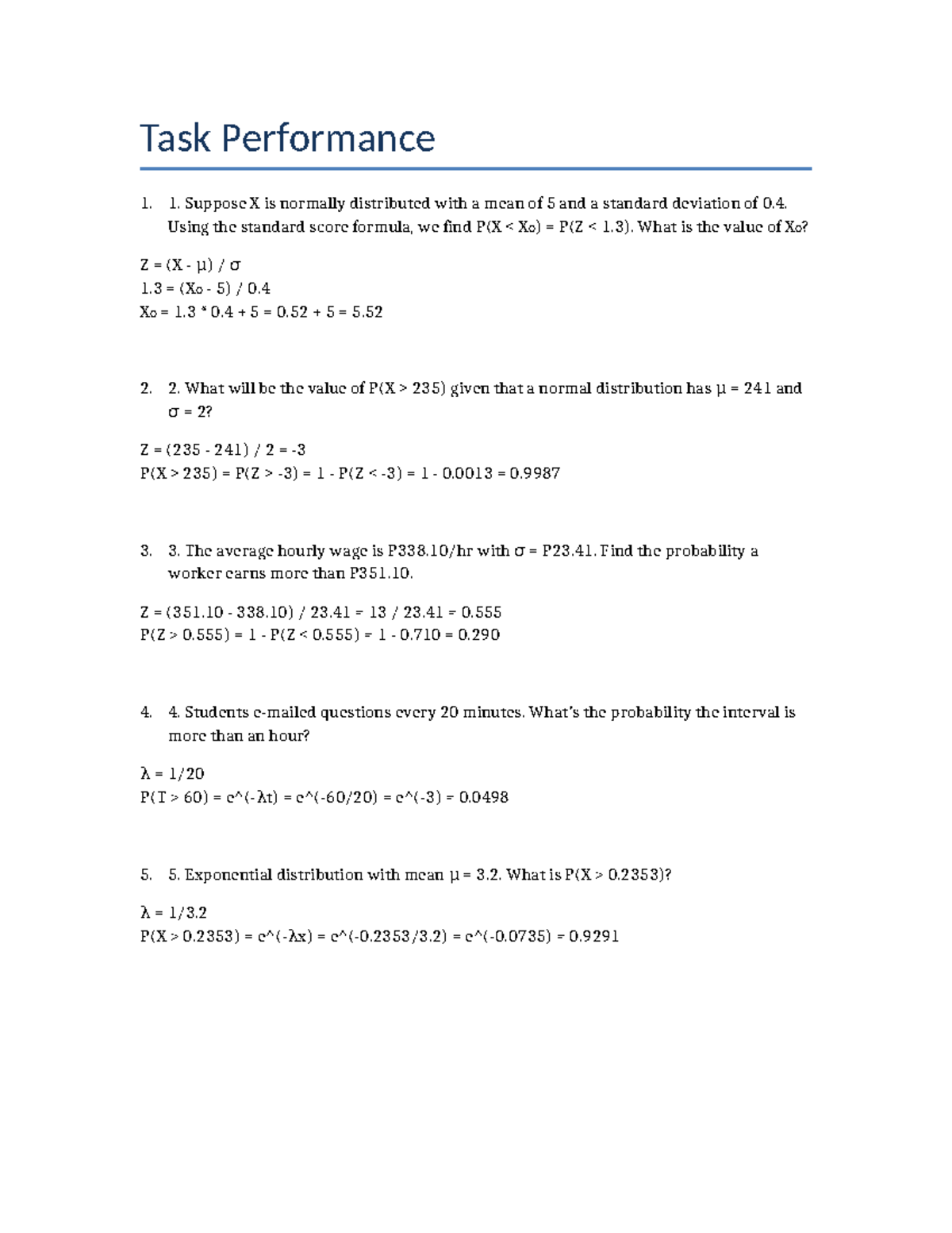 Statistical Analysis of Normal Distribution: Task Performance 1 - Studocu