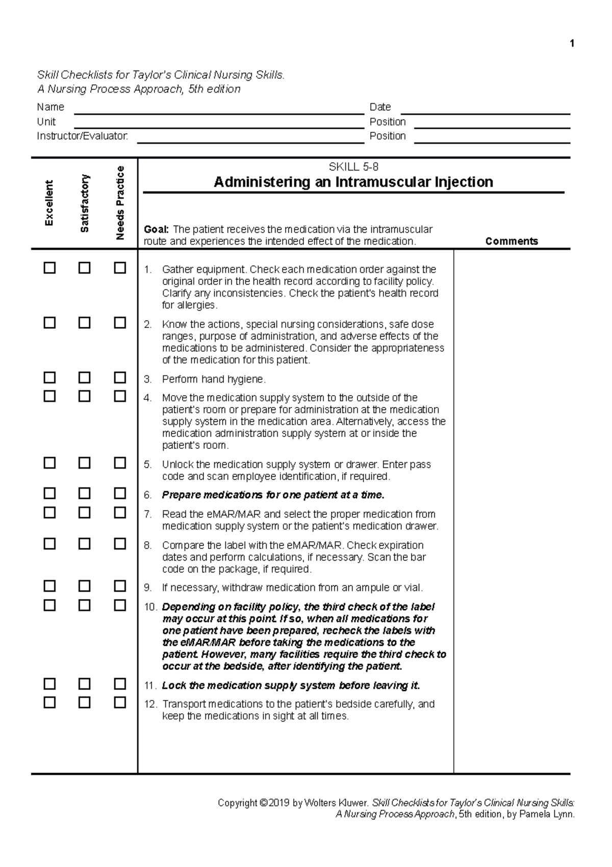 Skill 5-8: Intramuscular Injection Administration Checklist - Studocu