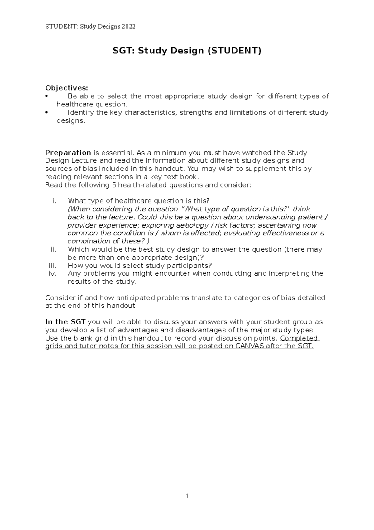 M1-DPS-Y22 - Study designs SGT Student Handout - SGT: Study Design ...