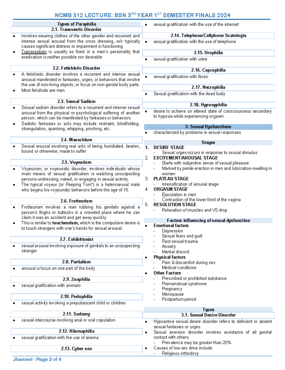 NCMB 312 LECTURE: BSN 3RD YEAR 1ST SEMESTER FINALS 2024 on Paraphilia ...