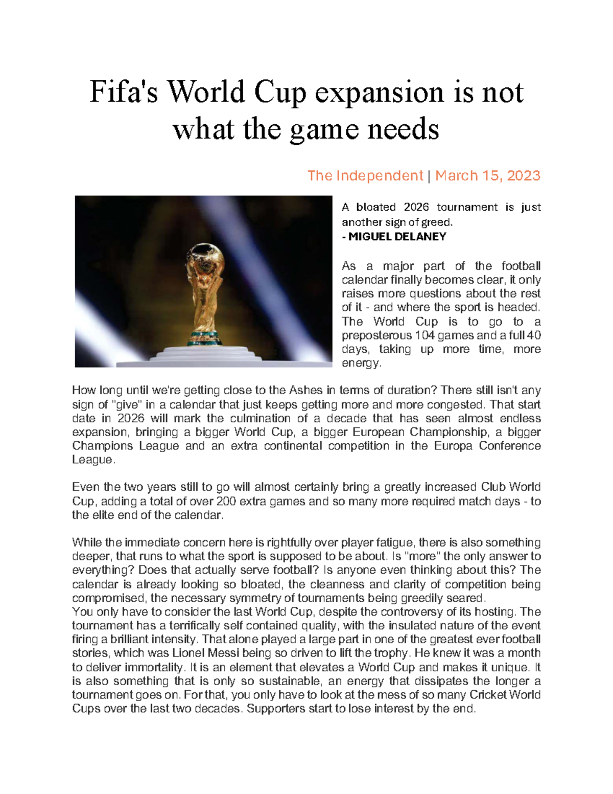 World Cup Expansion Concerns: A Critical Analysis of Greed - Studocu