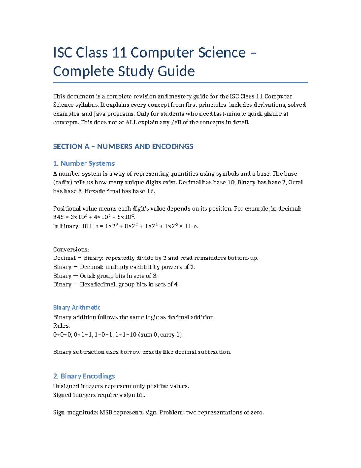ISC Class 11 Computer Science Quick Revision Guide - Studocu