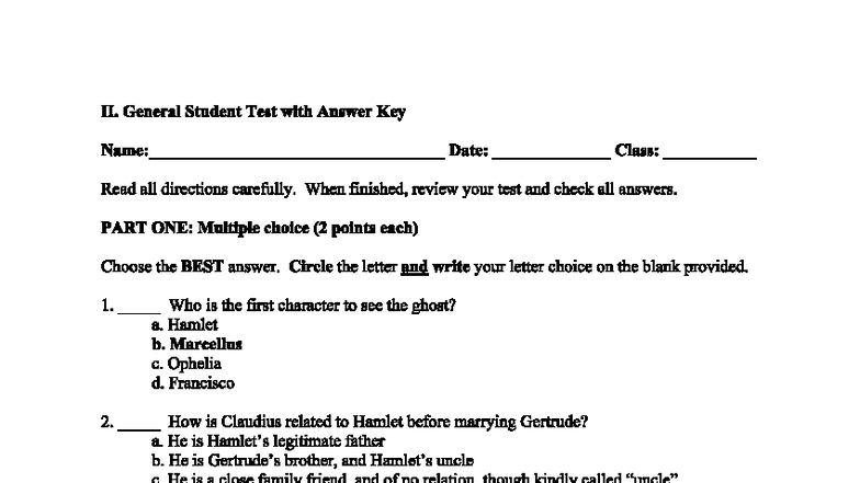Hamlet Test (ENG 101): General Student Test with Answer Key - Studocu