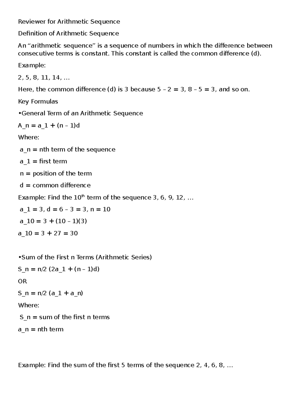 Arithmetic Sequence Review: Key Concepts and Formulas - Studocu