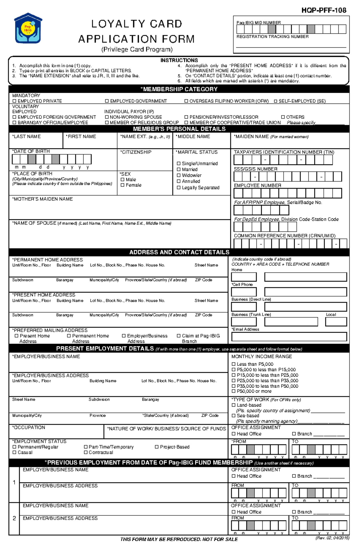 Pag-IBIG Loyalty Card Application Form (HQP-PFF) - Revised Version ...