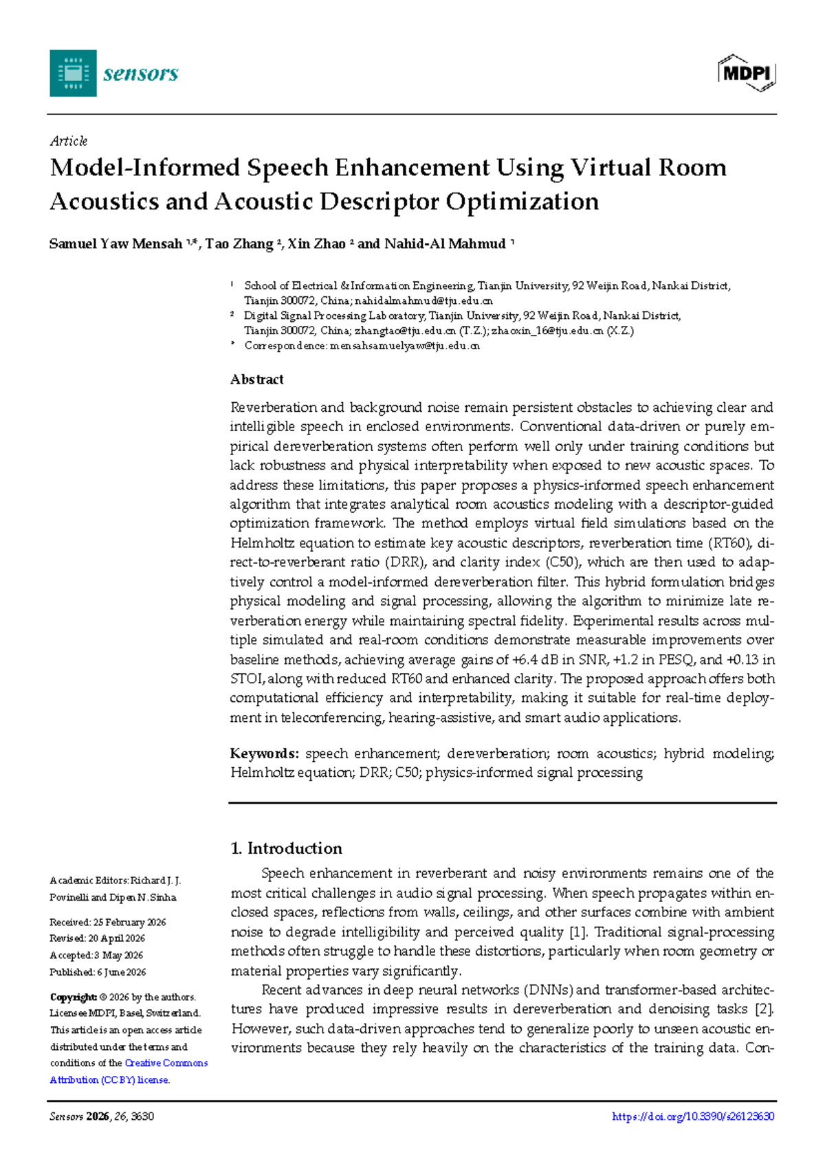 Speech Enhancement Algorithm with Room Acoustics Modeling (ENG 2026 ...
