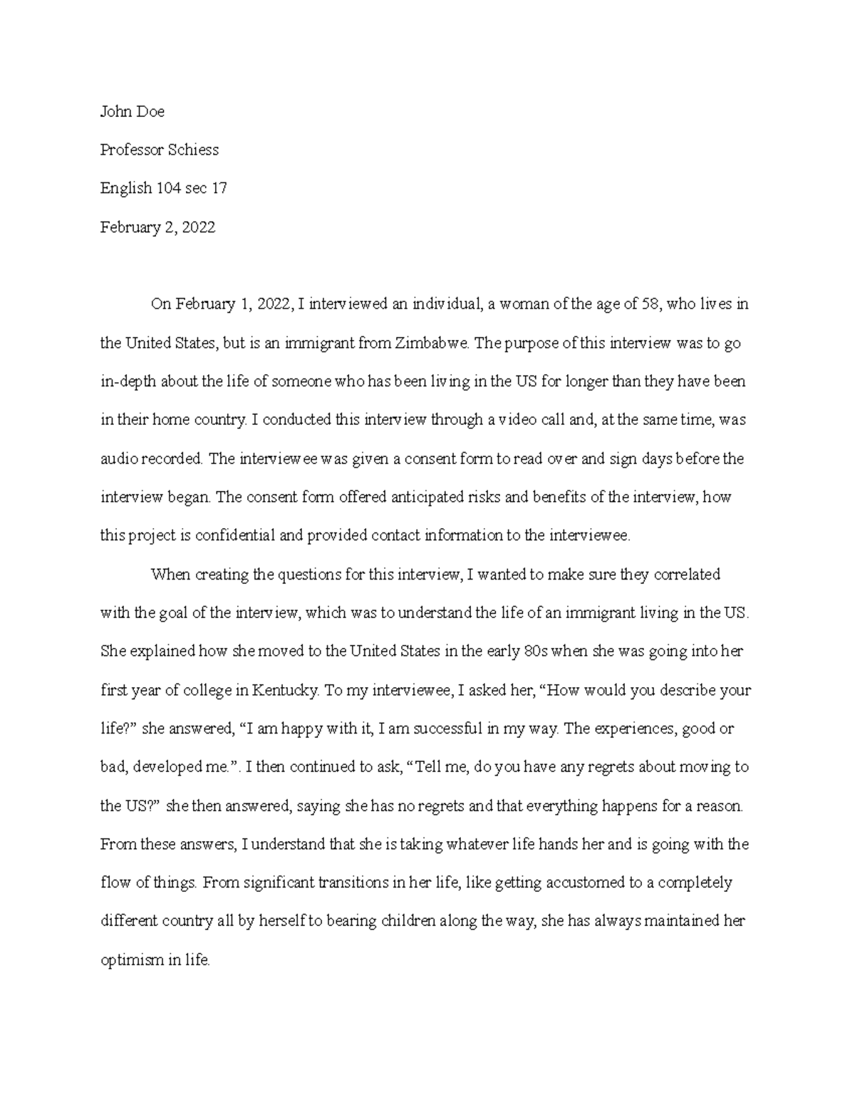 Eng 104 proj 1 - Project 1 work - John Doe Professor Schiess English ...