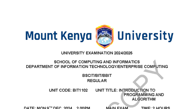 BIT1102 - Main Exam: Introduction to Programming & Algorithms - Studocu