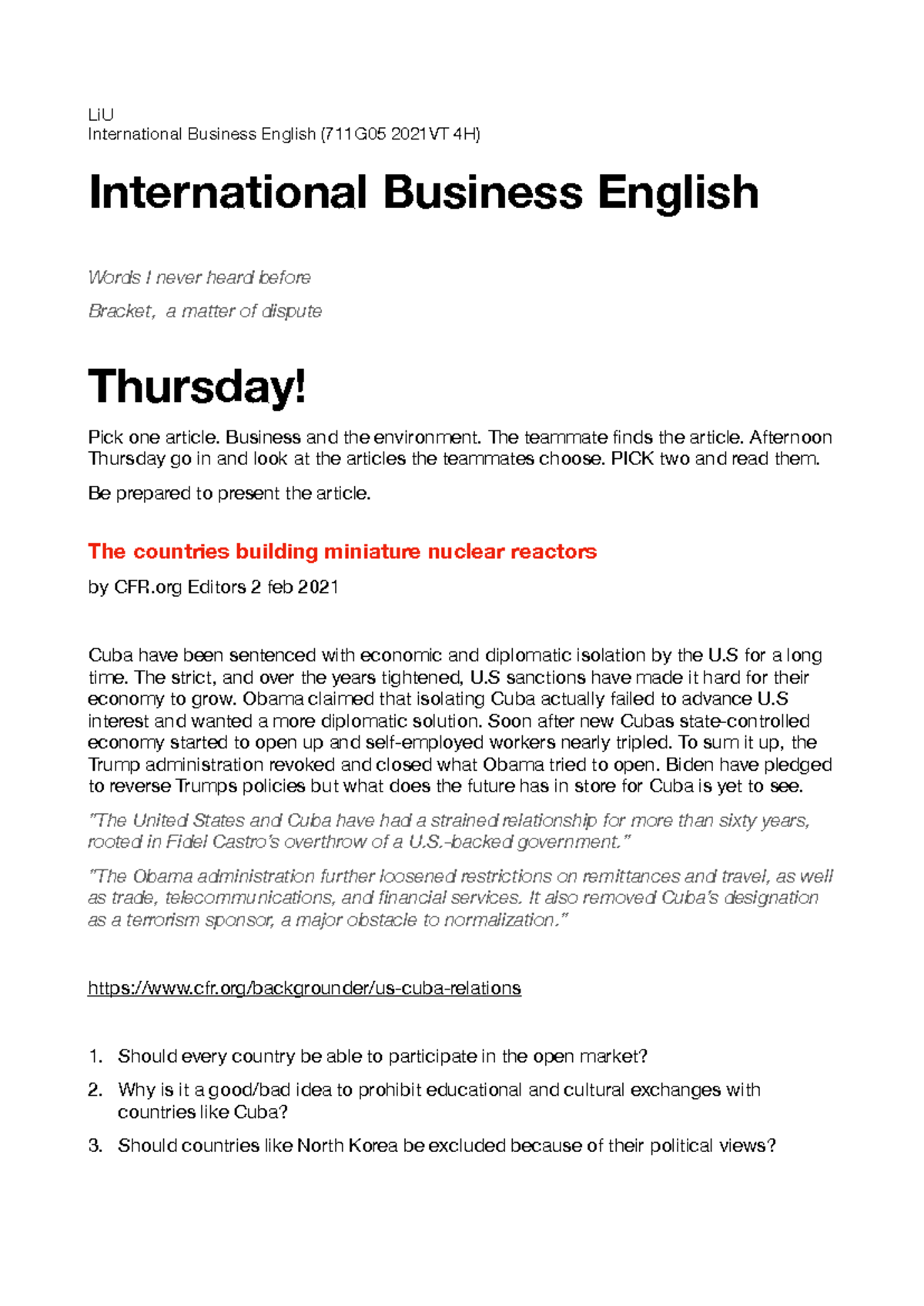 International Business English (711G05) - Assignment on Articles and ...