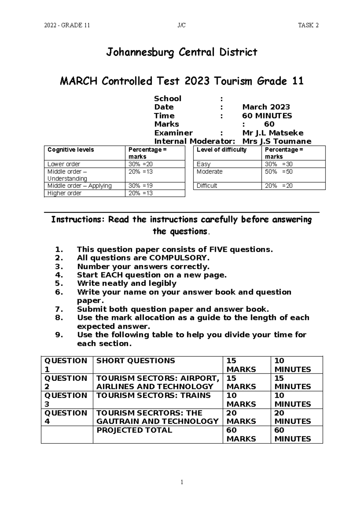 Grade 11 Tourism Controlled Test (MARCH 2023) - Suggested Tasks - Studocu