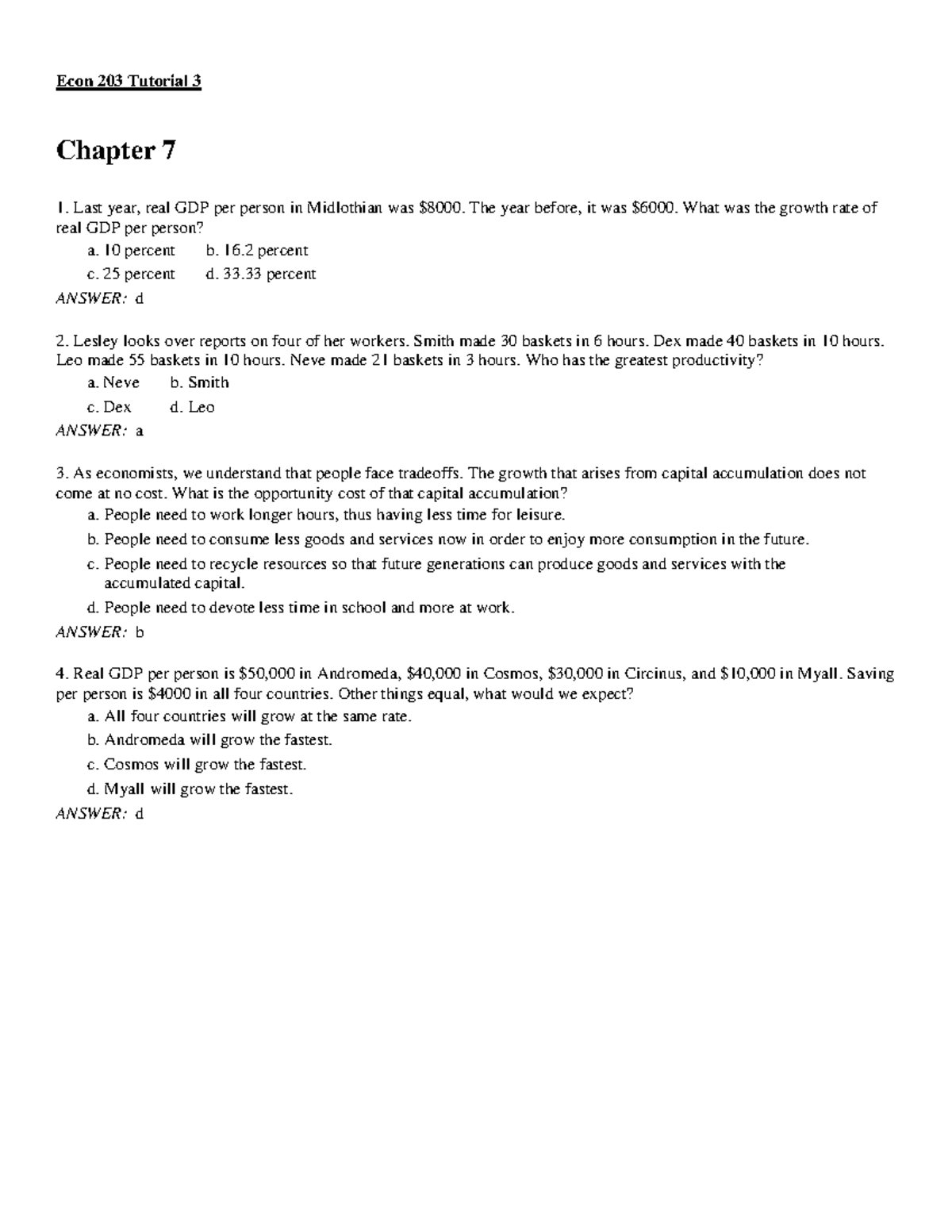 Econ 203 Tutorial 3: Insights from Chapters 7 and 8 on GDP and Savings ...
