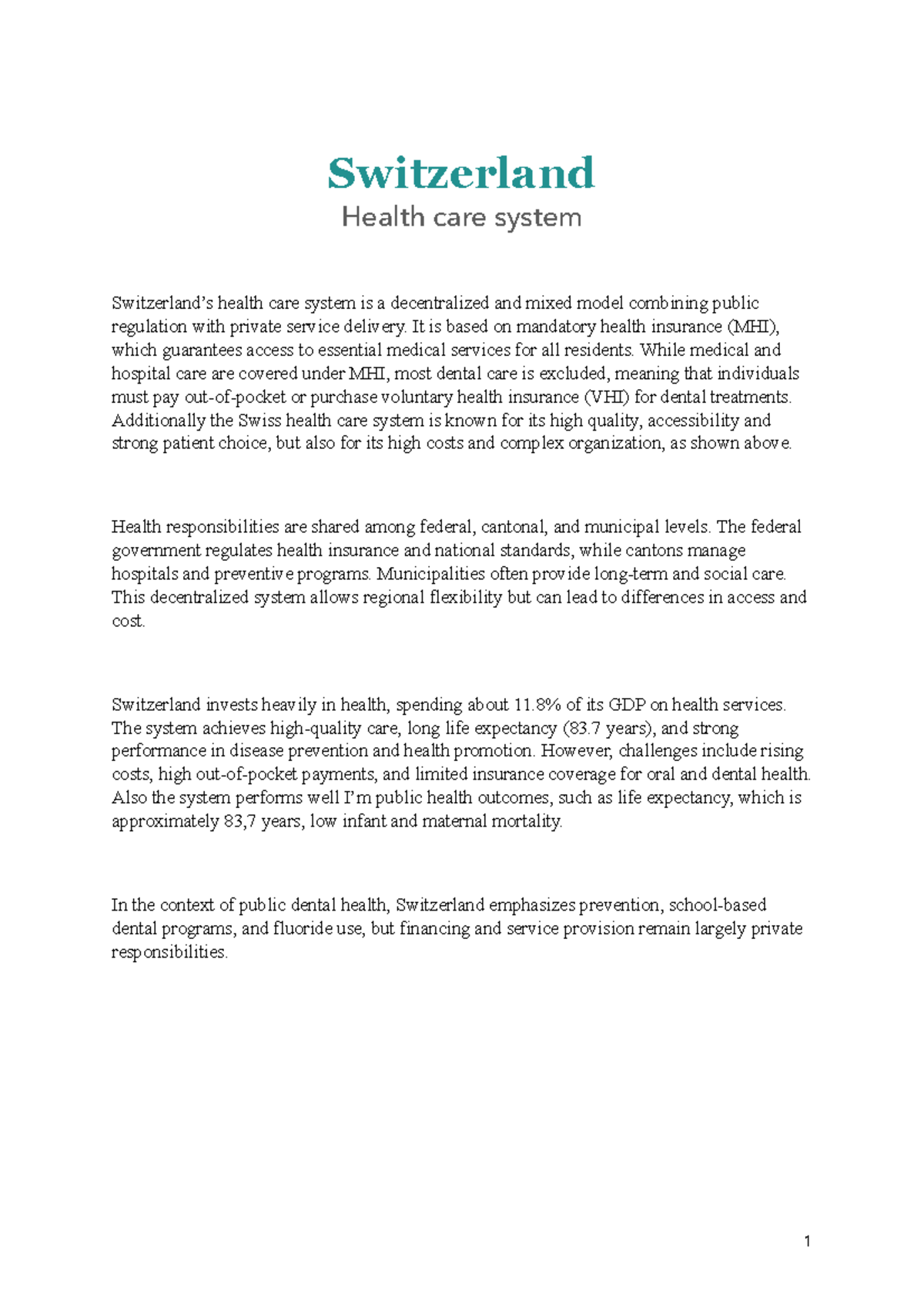 Switzerland Health Care System Overview: Structure & Challenges - Studocu