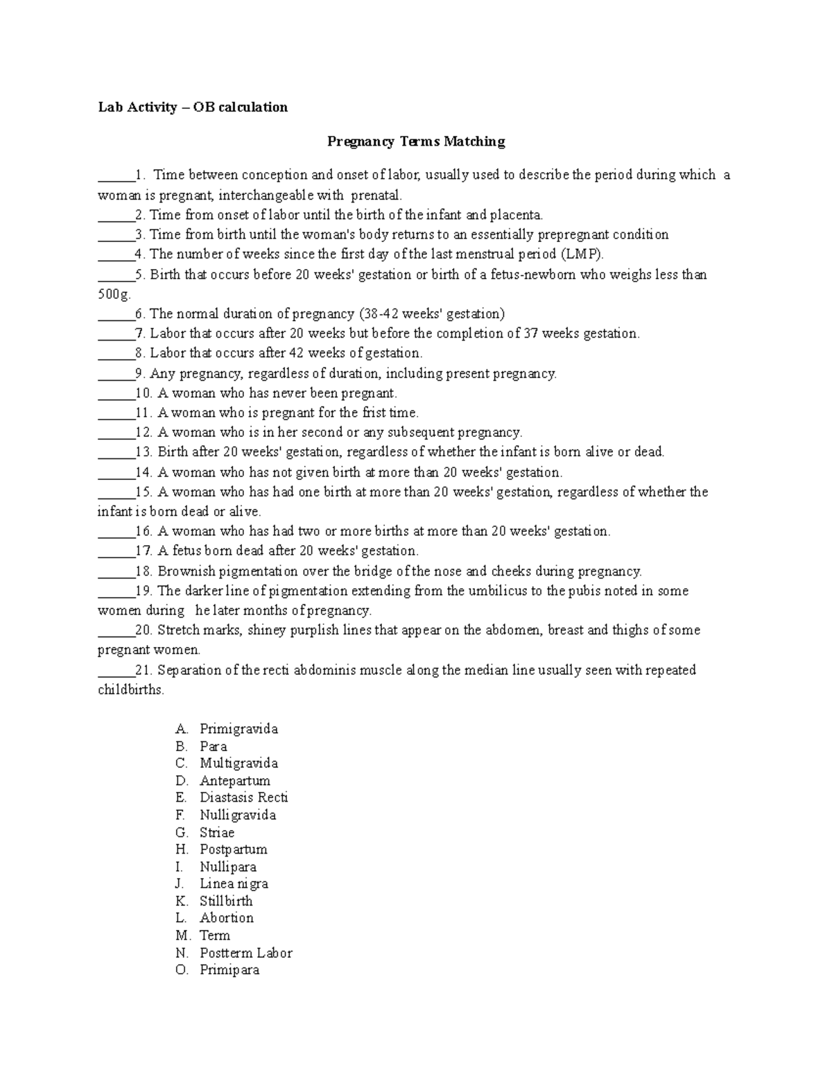EDC Worksheet - Lab Activity – OB calculation Pregnancy Terms Matching ...