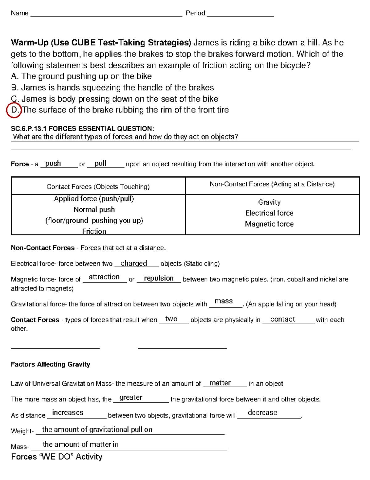 SC.6.P.13.1 Forces - Friction and Contact Forces Activity Notes - Studocu