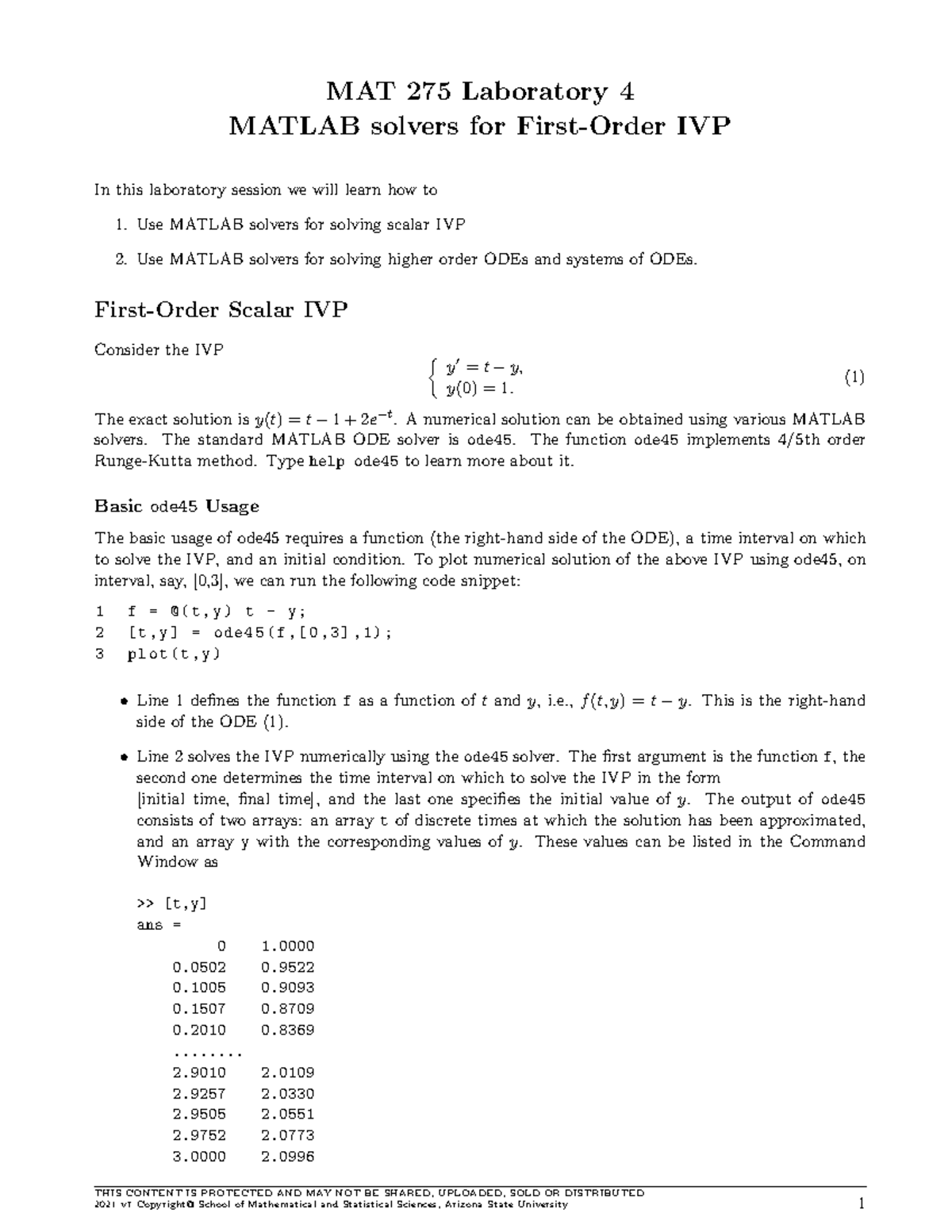 MAT 275 Lab 4: MATLAB Solvers for First-Order IVP and ODE Systems - Studocu
