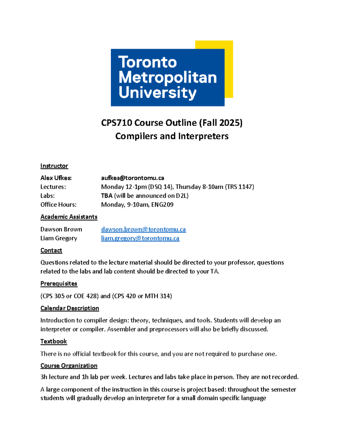 CPS710 Course Outline (Fall 2025): Compilers & Interpreters Overview - Studocu