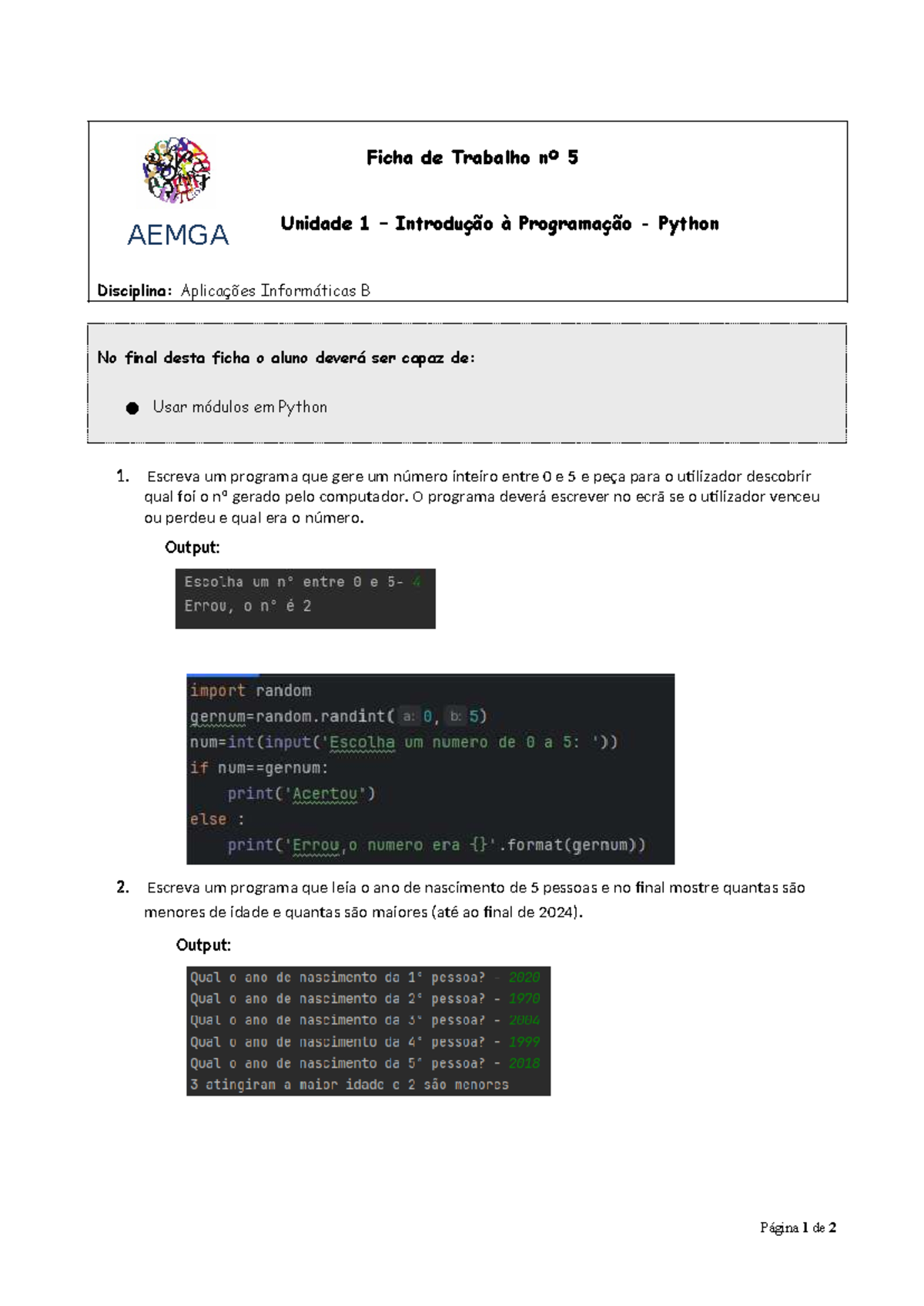 Ficha de Trabalho nº 5 AEMGA: Módulos em Python - Studocu