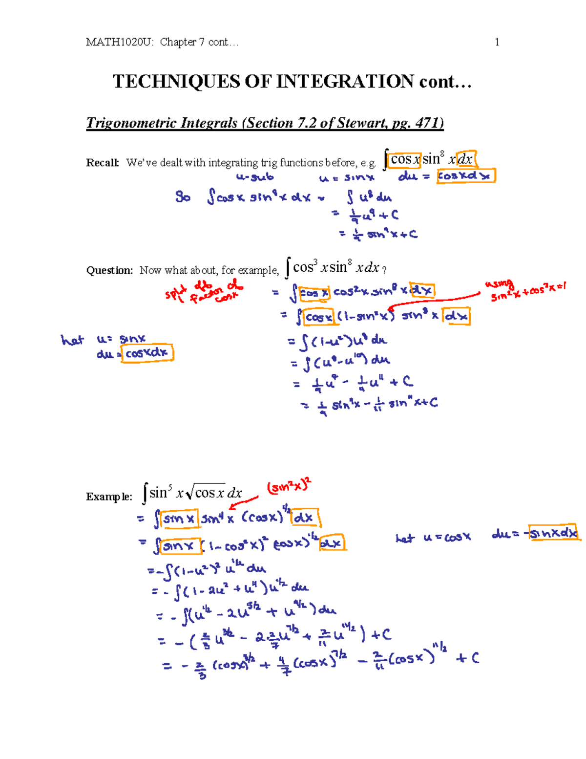 MATH1020U: Chapter 7 Techniques of Integration - Trigonometric ...