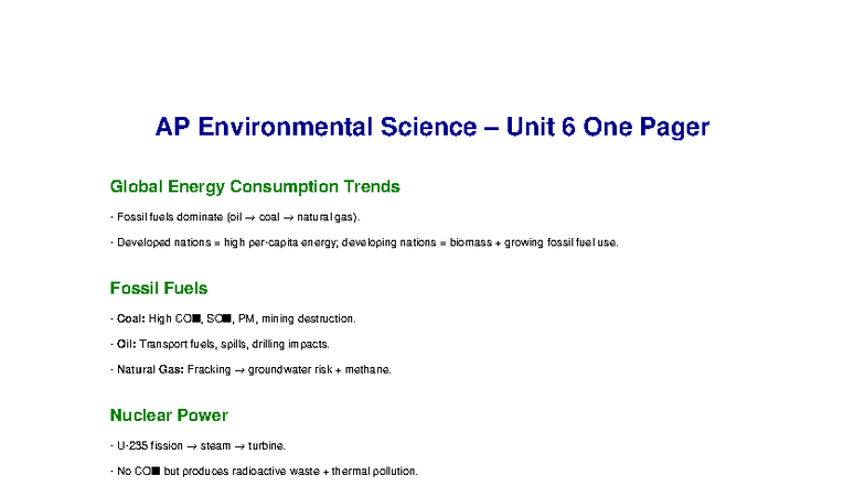 APES Unit 6 One Pager: Global Energy Consumption Trends - Studocu